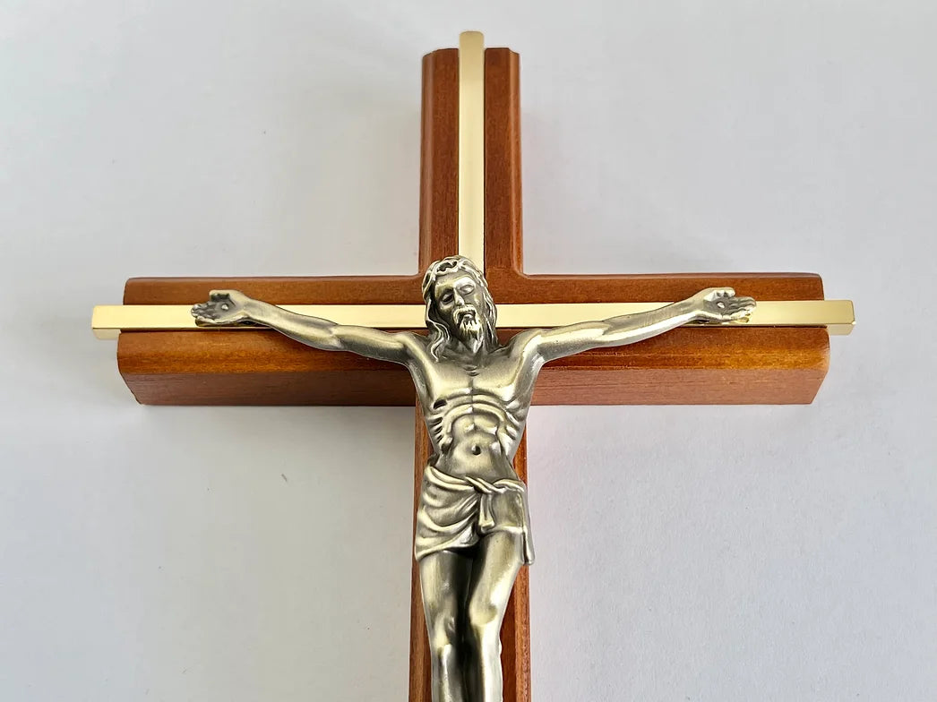 Cross Wooden (Gold inlay) 26cm with Metal Corpus (Hanging) – Church Stores